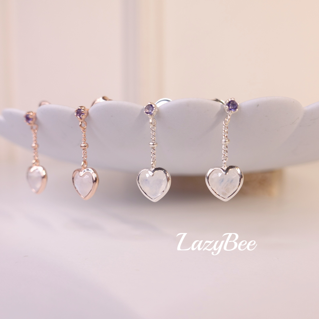 愛心寶石吊墜耳環 月光石＆堇青石 - Lazybee