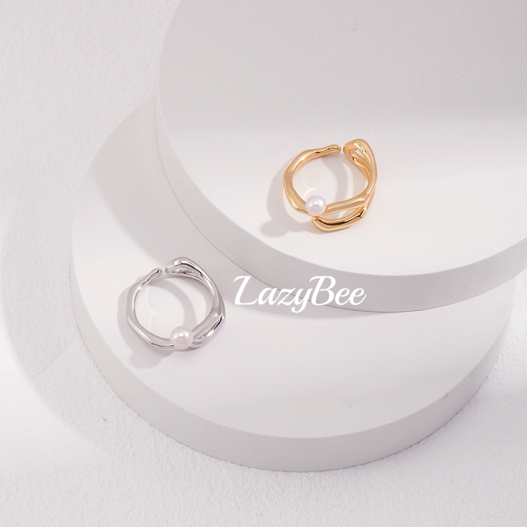 設計師款｜鏡面枝柳意像珍珠開口戒指 - Lazybee