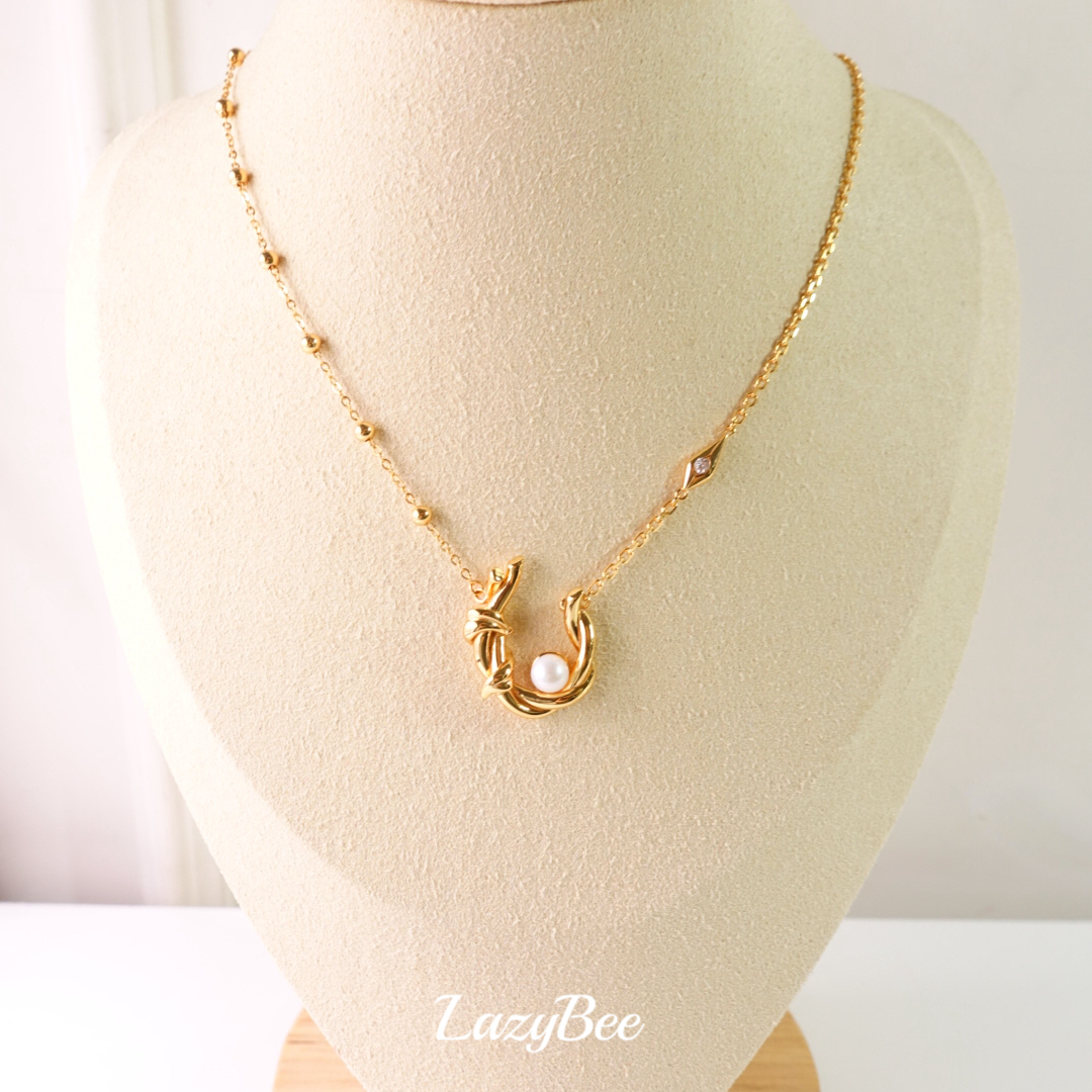 設計師款｜柳條纏繞圓環項鍊｜925純銀｜珍珠項鍊 - Lazybee