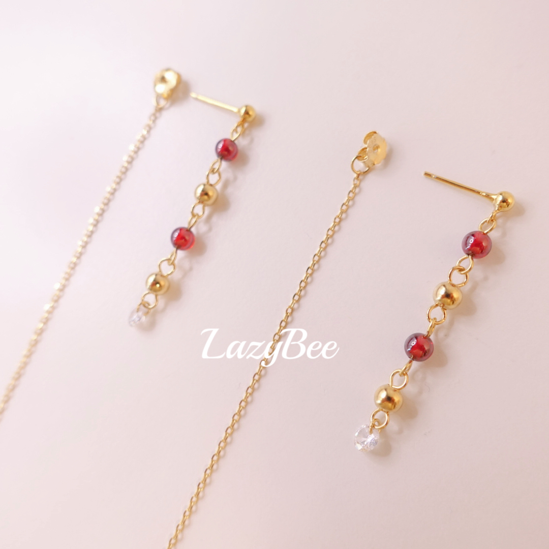 設計師款｜紅石榴石鑽飾垂墜耳環 - Lazybee