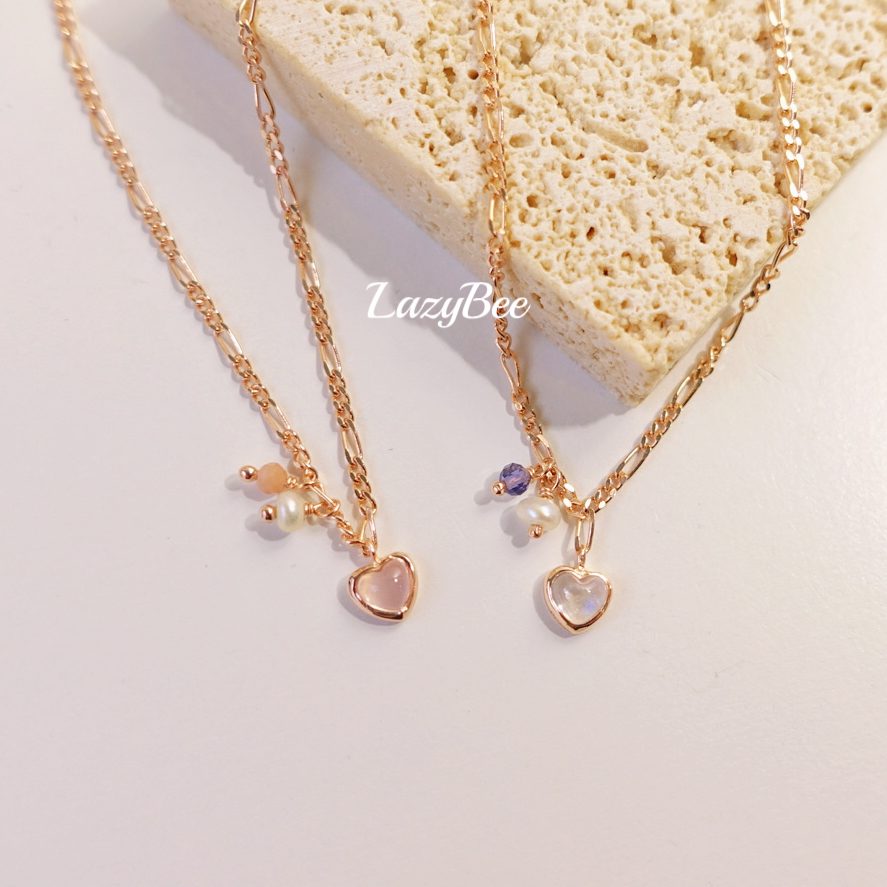 韓國小眾飾品｜愛心月光石 玫瑰石 海藍寶 純銀項鍊 - Lazybee